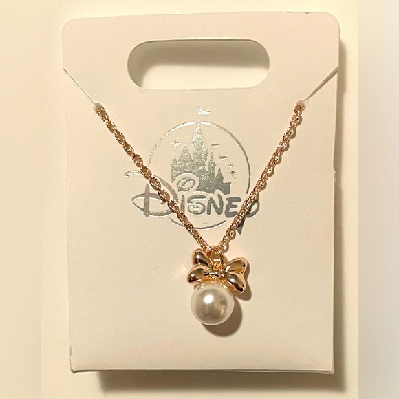 Disney | Jewelry | Disney Necklace Gold Tone With Bow Faux Pearl New ...